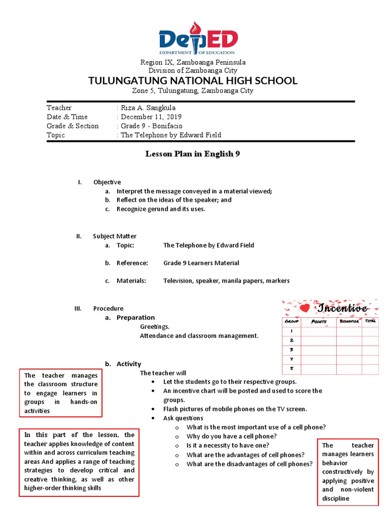 The Telephone COT 3 Lesson Plan | PDF | Lesson Plan | Education Theory