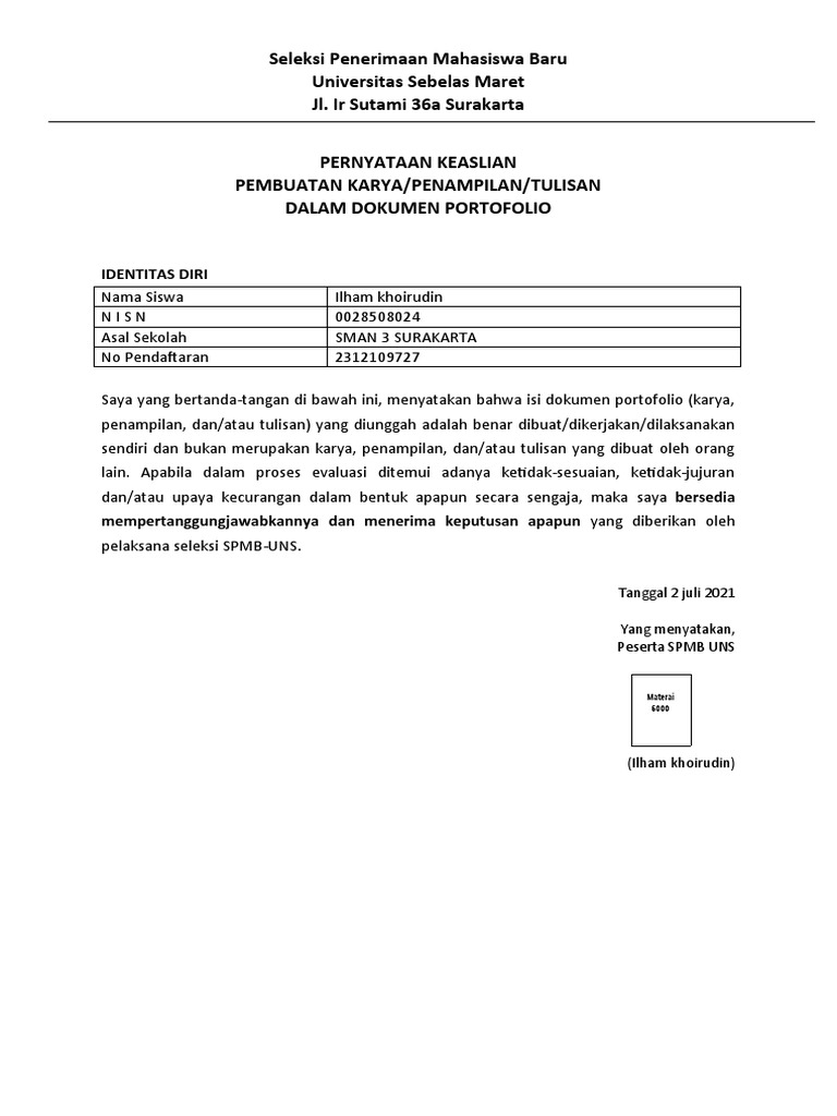 Template PERNYATAAN PESERTA | PDF