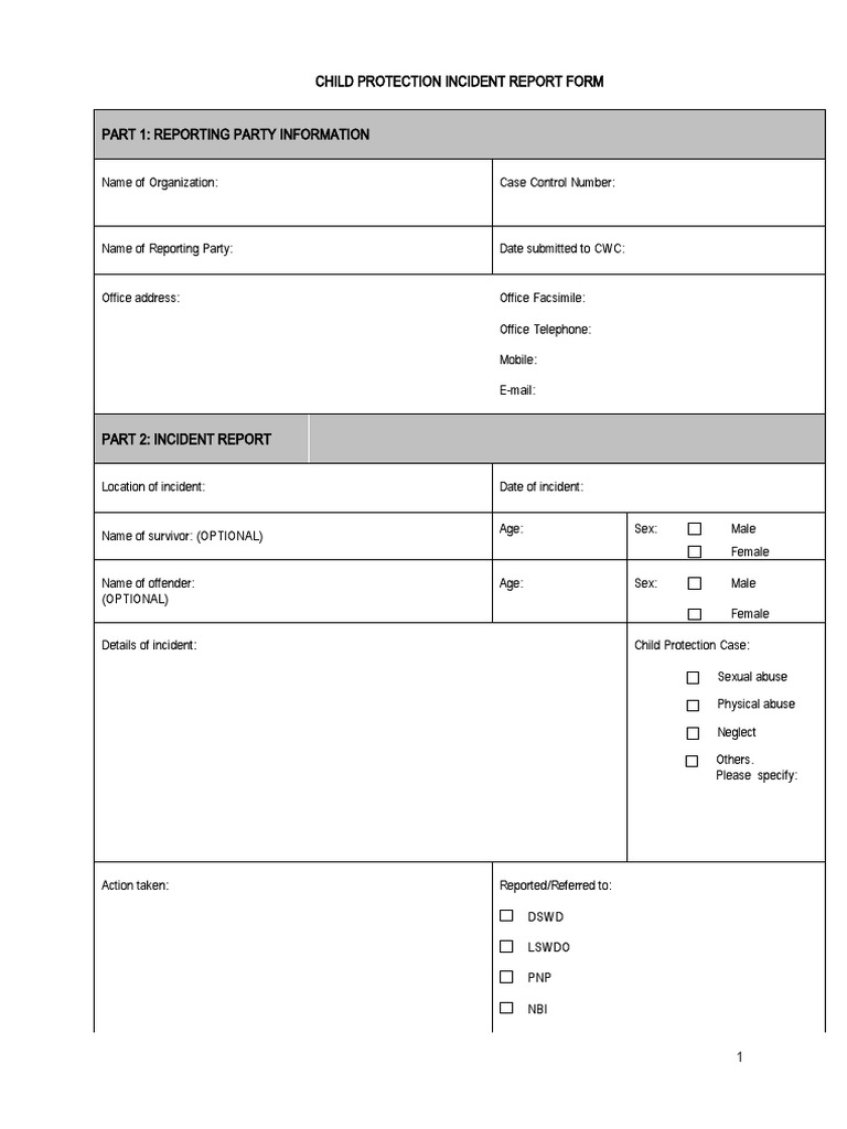 Child Protection Incident Report Form | PDF | Child Protection | Fax