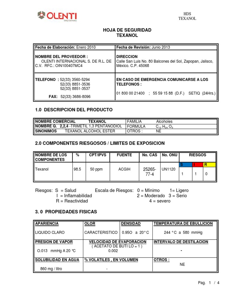 MSDS Alcohol-Texanol | PDF | Agua | Combustión
