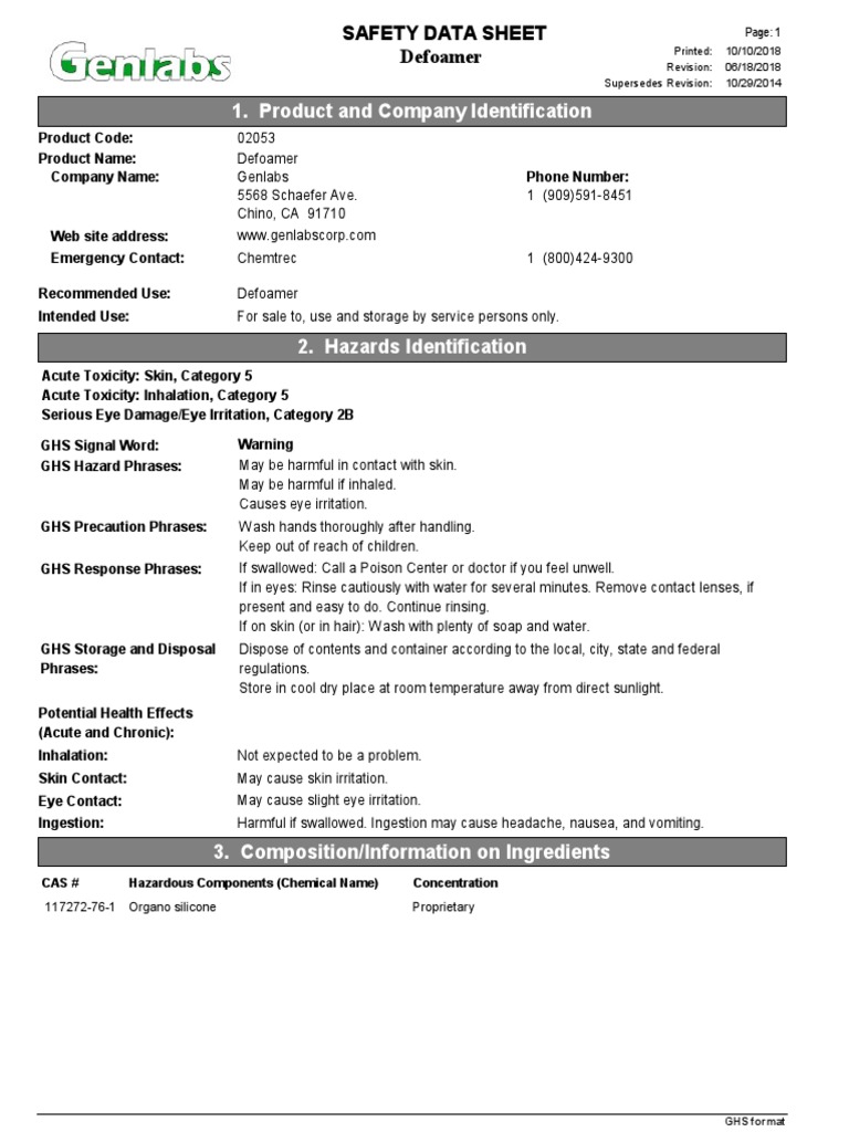 MSDS Defoam | PDF | Personal Protective Equipment | Carbon Dioxide
