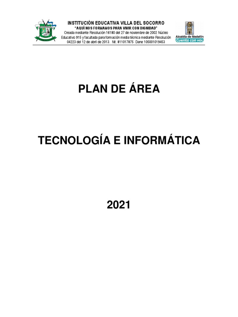 Plan de Area de Tecnologia e Informatica 2021 | PDF | Plan de estudios | Aprendizaje