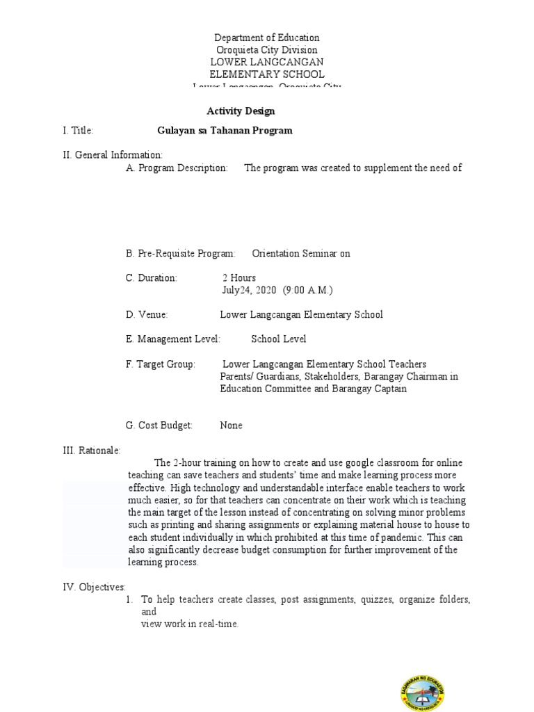 Activity Design Gulayan | PDF | Teaching | Teachers
