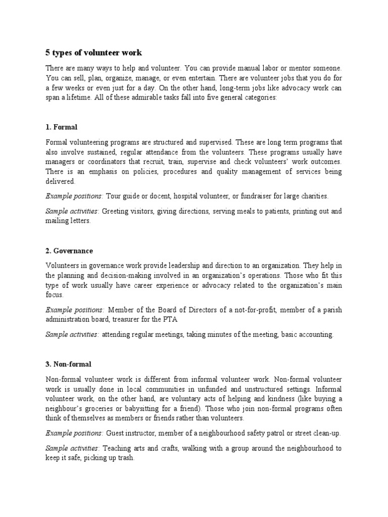 Five Types of Volunteer Work | PDF | Volunteering | Public Sphere