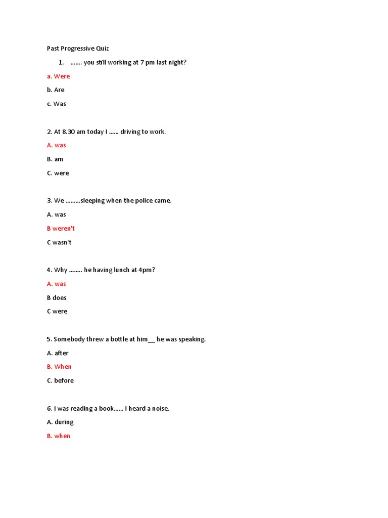 Past Progressive Quiz | PDF