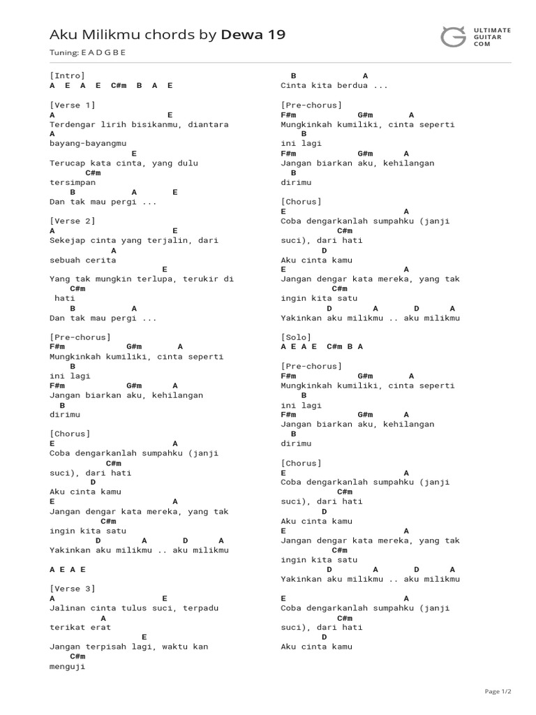 Aku Milikmu Chords by Dewa 19tabs at Ultimate Guitar Archive | PDF