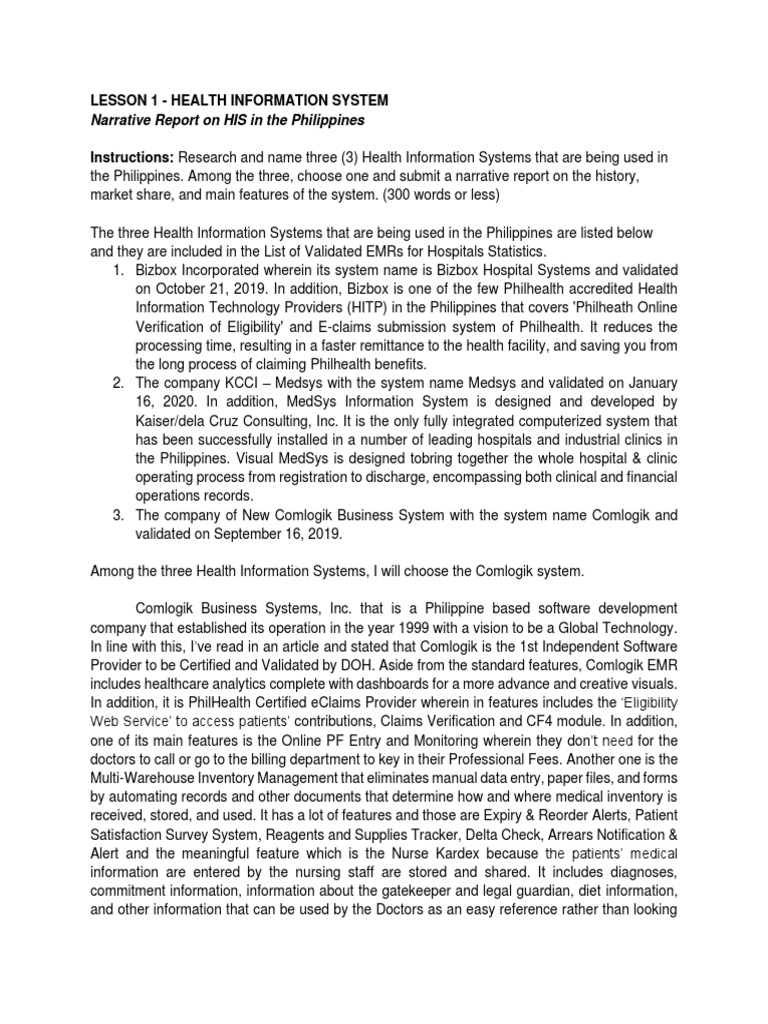 LESSON 1 (HIS) - Narrative Report | PDF | Electronic Health Record ...