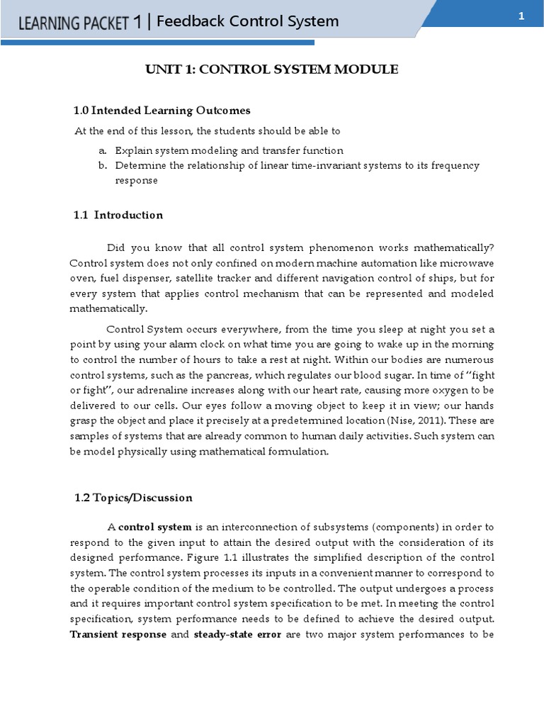 Unit 1: Control System Module: 1.0 Intended Learning Outcomes | PDF ...