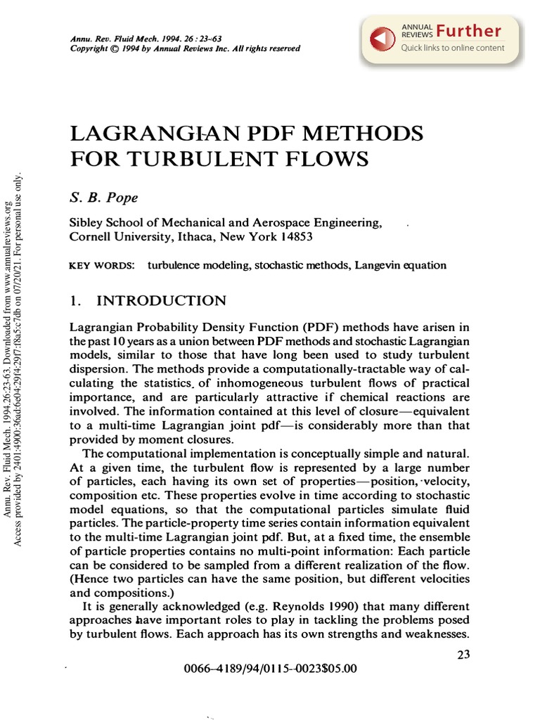Lagrangian PDF Methods For Turbulent Flows: S. Pope | PDF