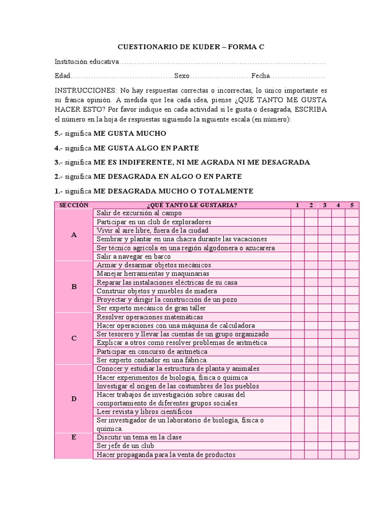 Cuestionario de Kuder | Descargar gratis PDF | Science | Ciencia (general)