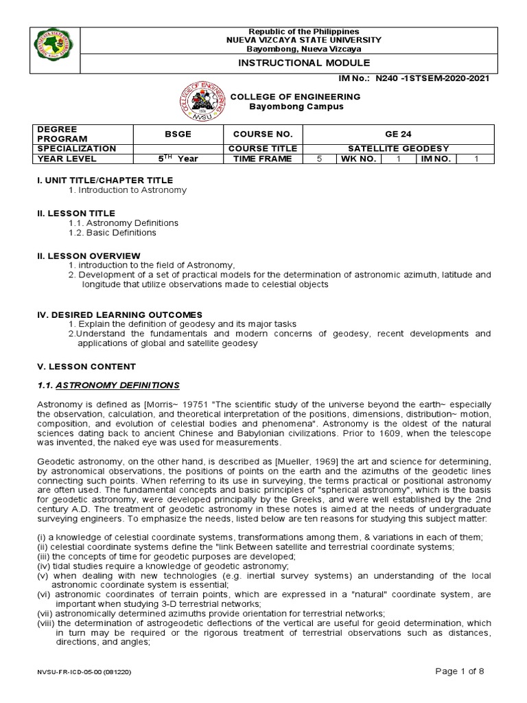 Module 1 (Week 1) - Intro To Geodetic Astronomy | PDF | Geodesy | Astronomy