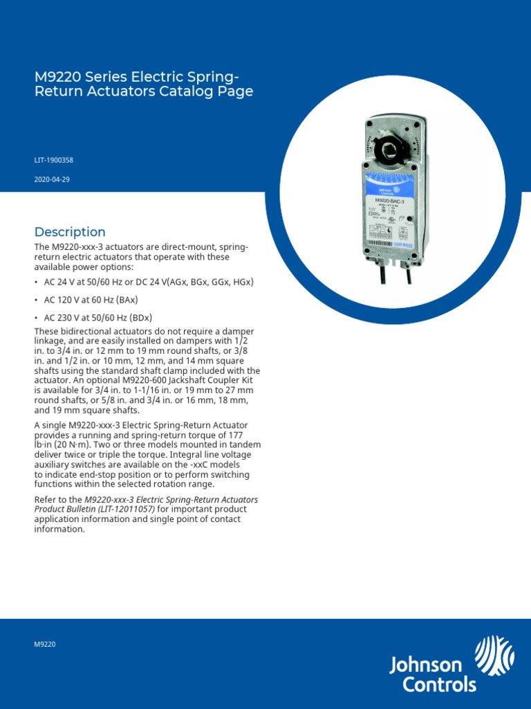 M9220 Series Electric Spring-Return Actuators Catalog Page: Description ...