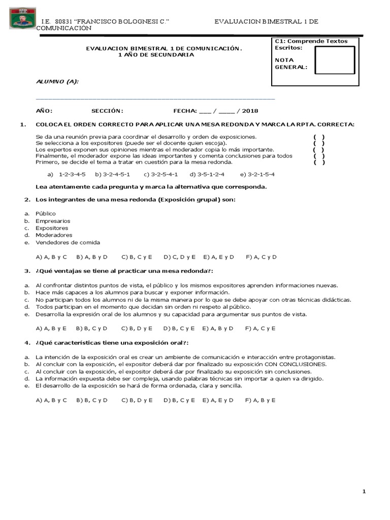 Examen Impreso Bimestral 1 Comunicacion 1 Año | PDF | Perú | Comunicación