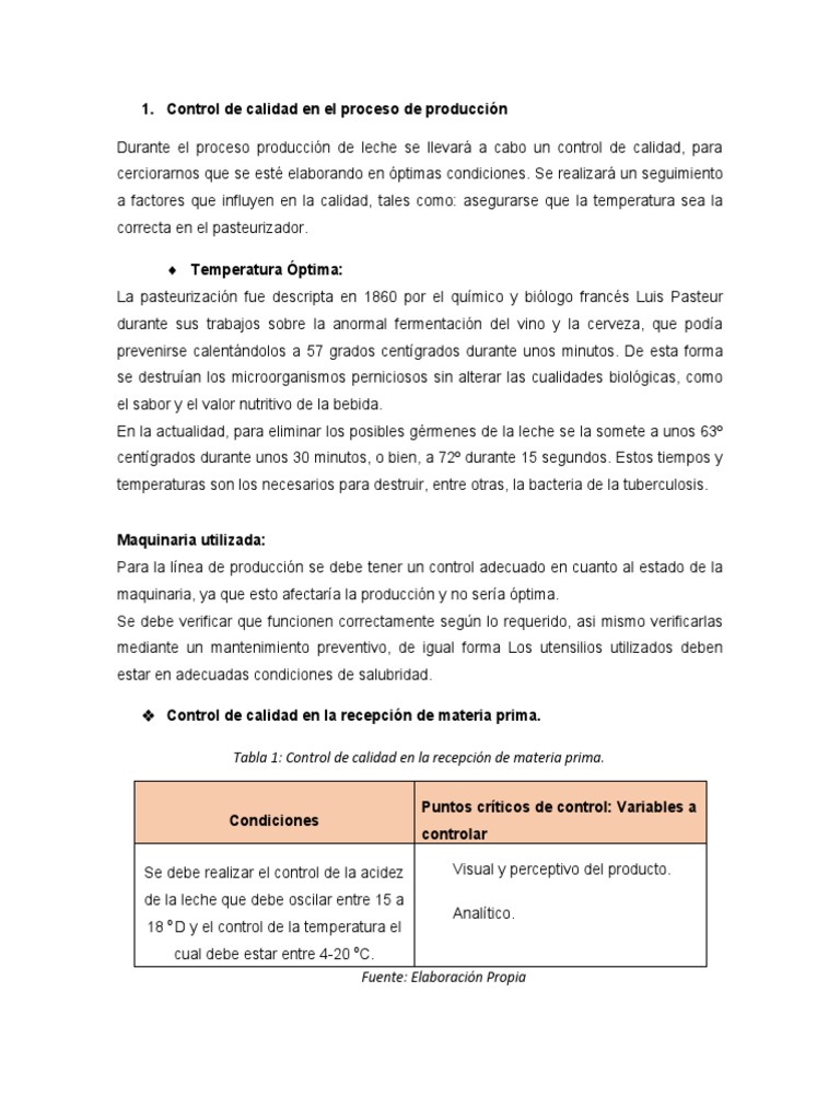 Control de Calidad en El Proceso de Producción | PDF | Leche | Comida y ...
