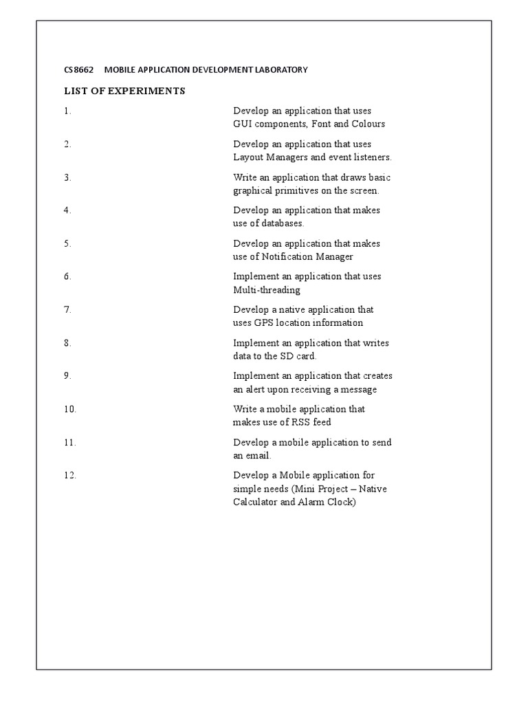 List of Experiments: Cs8662 Mobile Application Development Laboratory ...