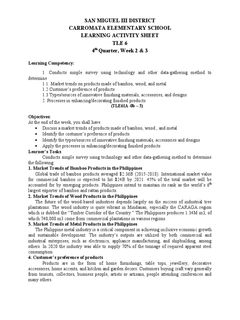 LAS EPP Week2&3 Q4 Grade Six | PDF | Crafts | Wood