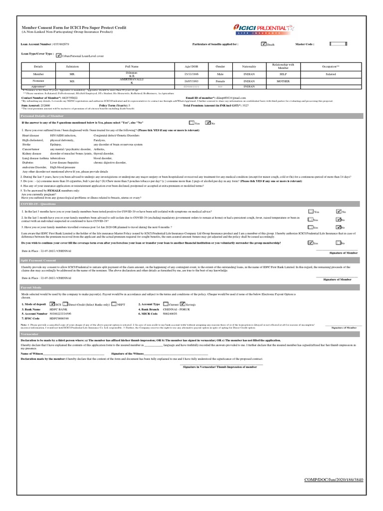 Member Consent Form For ICICI Pru Super Protect Credit: (A Non-Linked ...