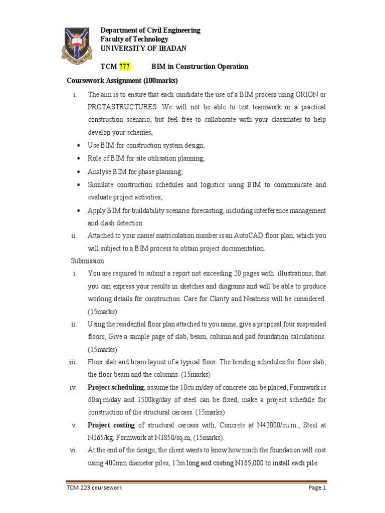 Department of Civil Engineering Faculty of Technology University of Ibadan TCM 777 BIM in ...
