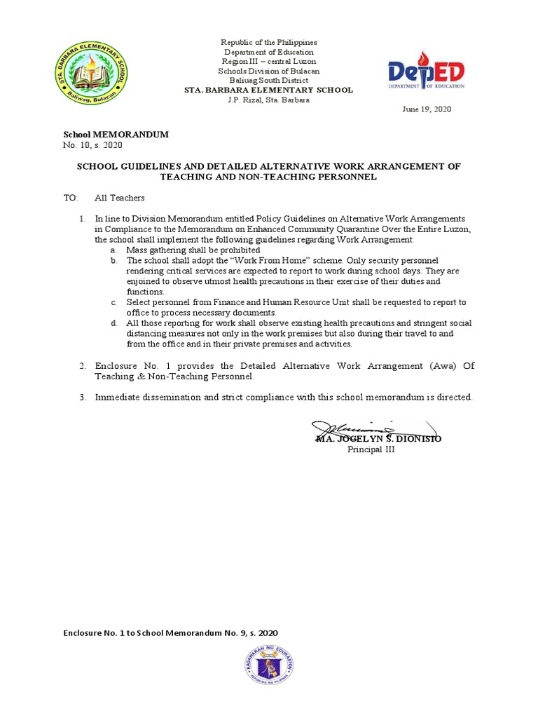 School Memo No. 10 2020 School Guidelines and Detailed Alternative Work ...