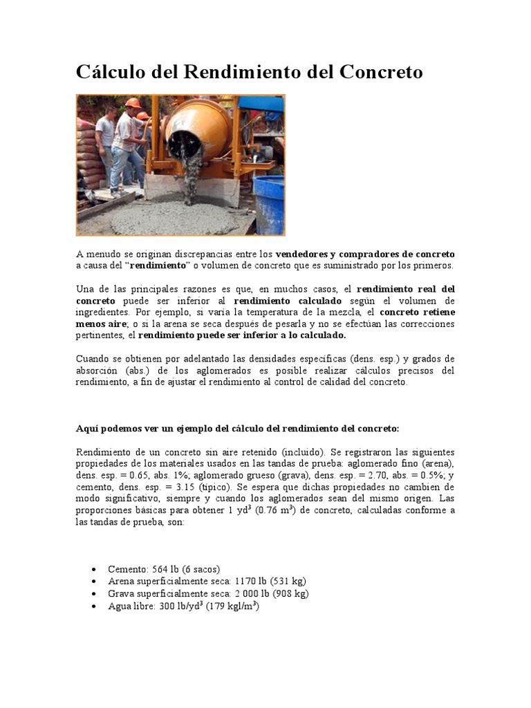 Cálculo Del Rendimiento Del Concreto | PDF