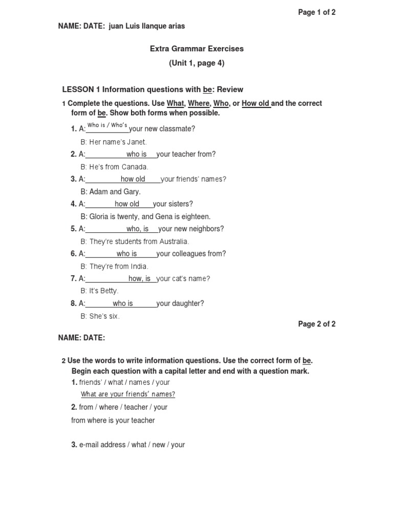 Unit-01 Grammar Information Question With Be | PDF | Language Arts ...