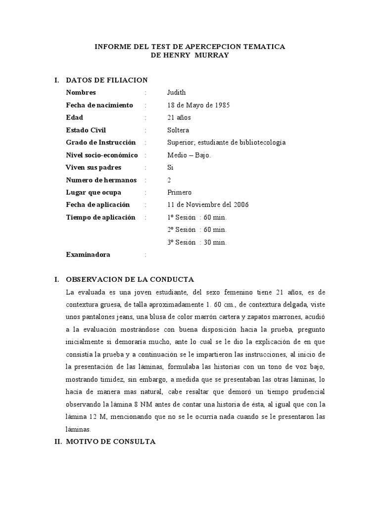 Informe Del Test de Apercepcion Tematica Tat | PDF | Dormir | Soledad