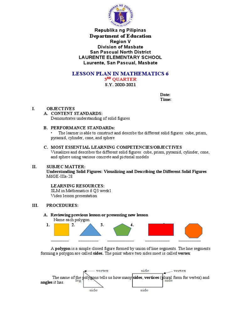 Lesson Plan in Mathematics 6: Department of Education | PDF | Vertex ...
