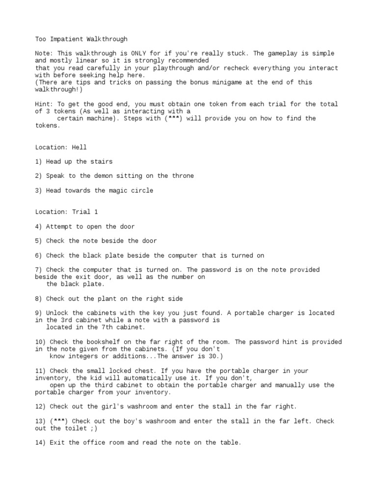 Too Impatient Game Walkthrough Guide | PDF | Leisure | Sports
