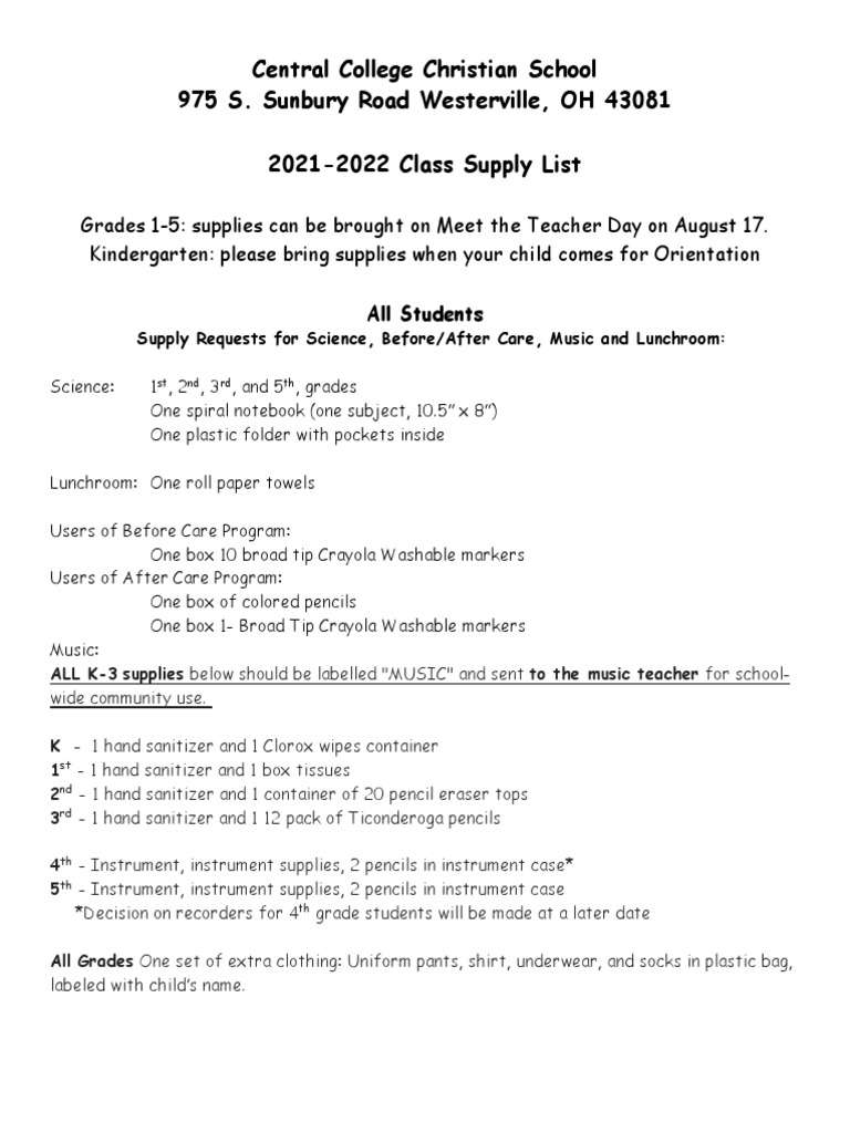 Central College Christian School 975 S. Sunbury Road Westerville, OH ...