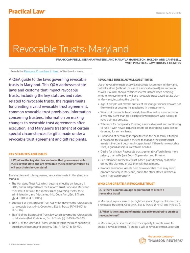 Revocable Trusts: Maryland: Resource ID Numbers in Blue | PDF | Trust ...