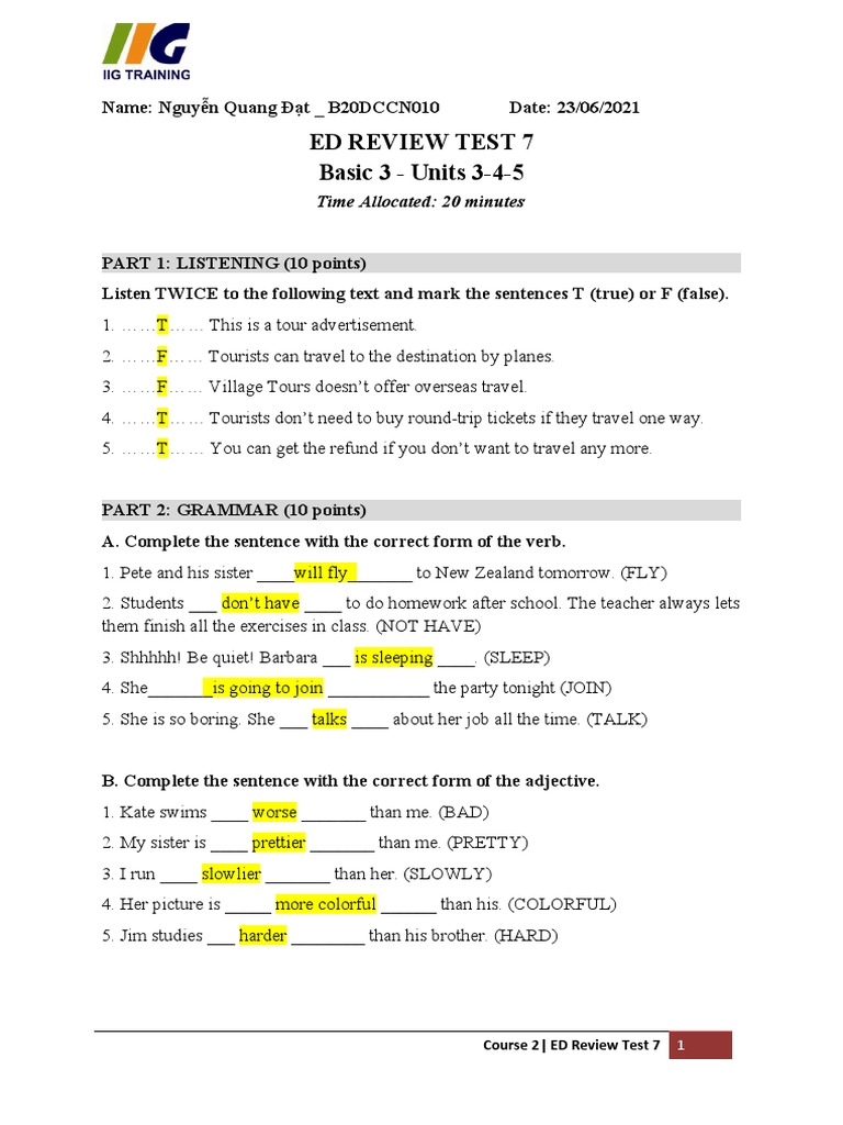 Ed Review Test 7 Basic 3 - Units 3-4-5: Time Allocated: 20 Minutes ...