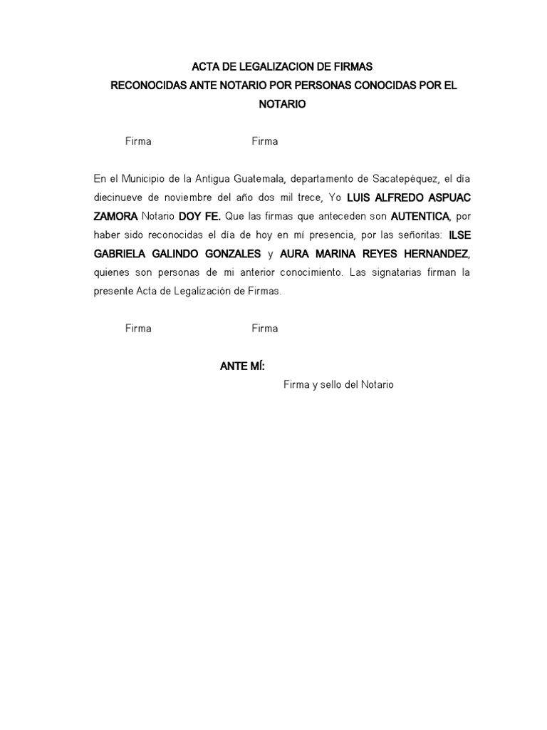 Acta de Legalización de Firmas Reconocidas Ante Notario - Por Personas Conocidas Por El Notario ...