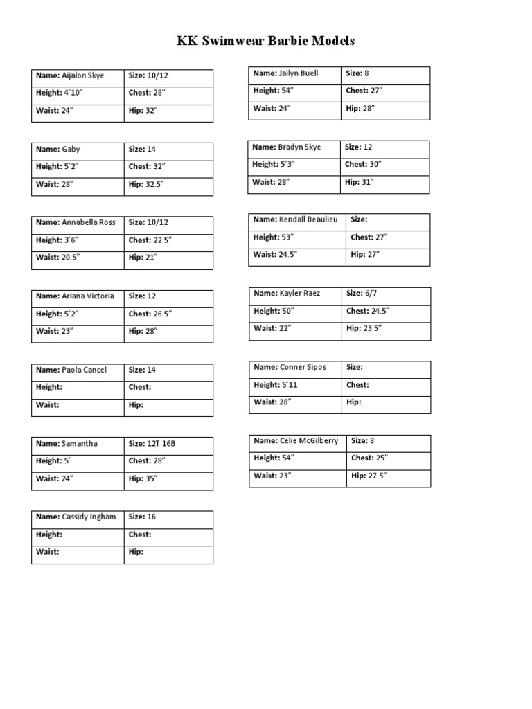 Barbie Size Chart | PDF