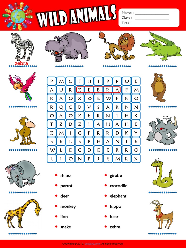 Wild Animals Esl Vocabulary Word Search Worksheet For Kids | PDF