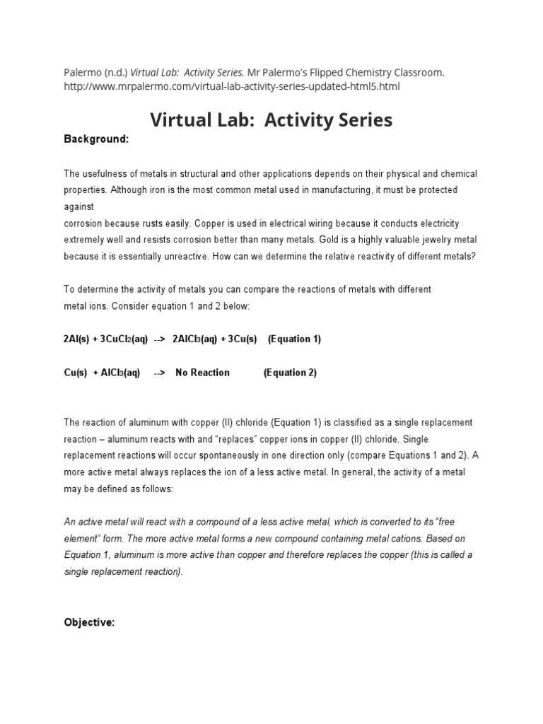 Metal Activity Series Virtual Lab | PDF | Metals | Copper
