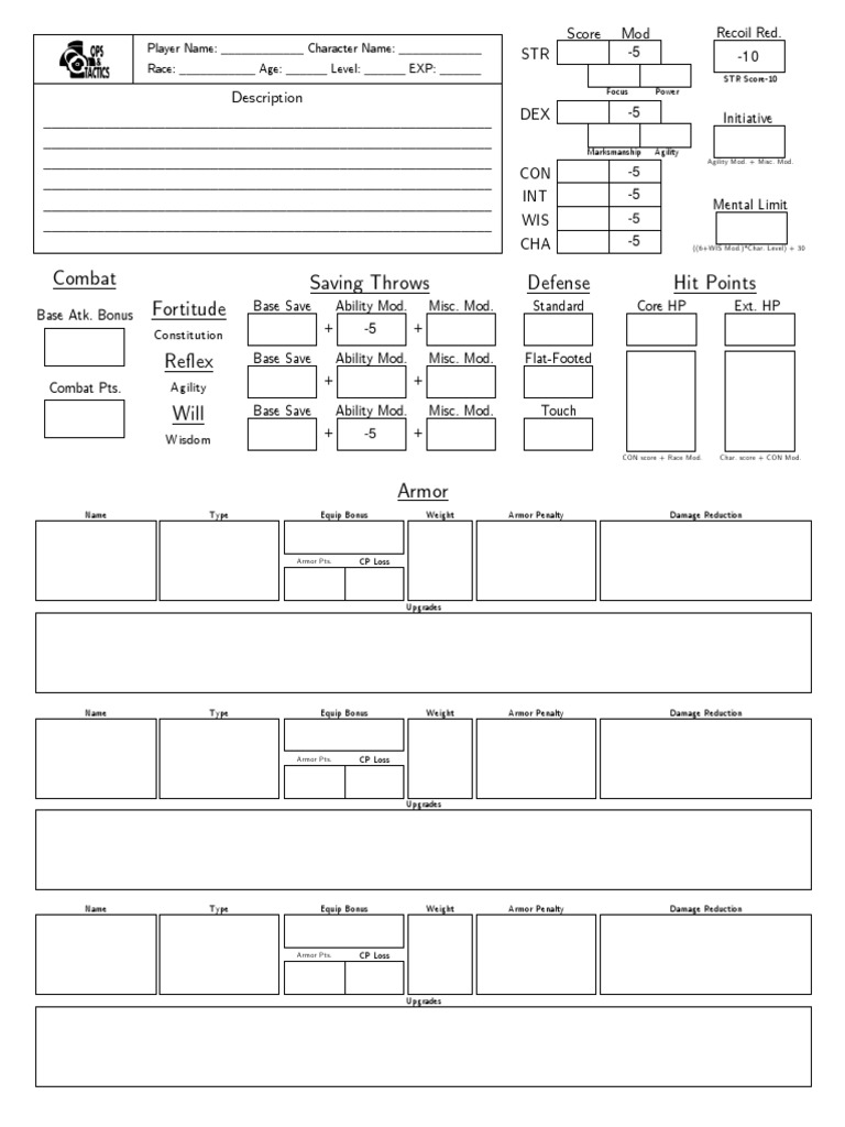 Ops and Tactics Character Sheet 6th Edition Fillable Calculations | PDF ...