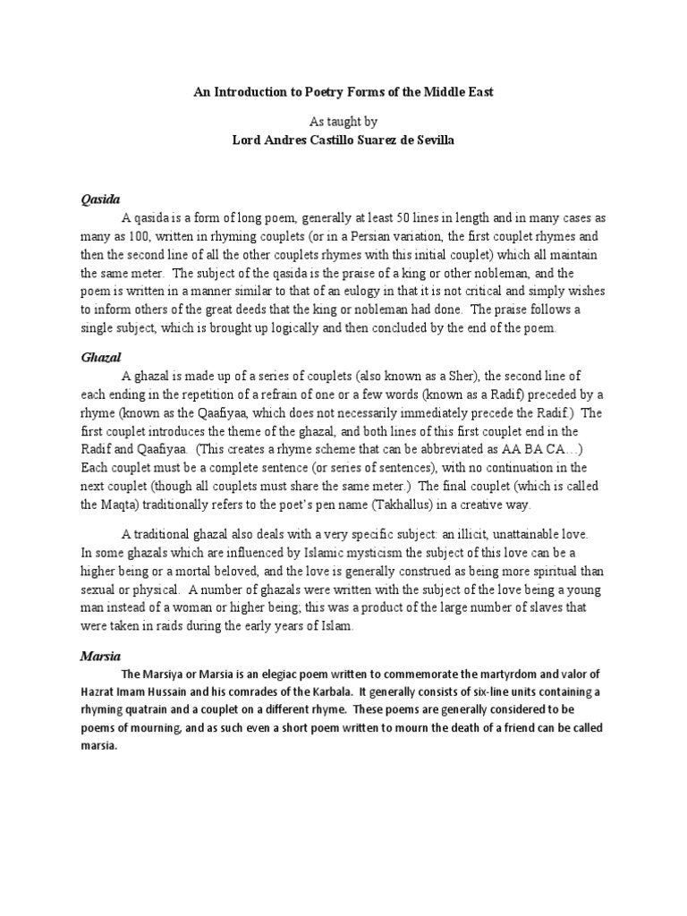 Middle Eastern Poetry Forms | PDF | Poetry | Poetic Form