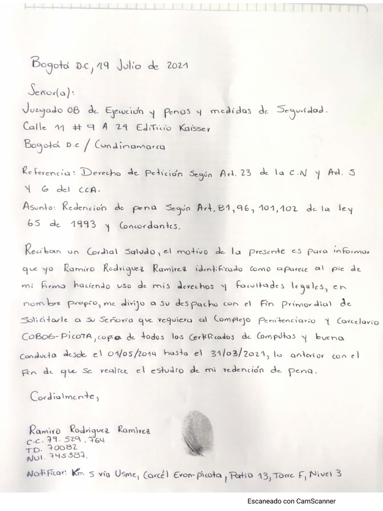 Derecho de Petición Redención de Pena Ramiro Rodriguez Ramirez | PDF Derecho de Petición Redención de Pena Ramiro Rodriguez Ramirez | PDF
