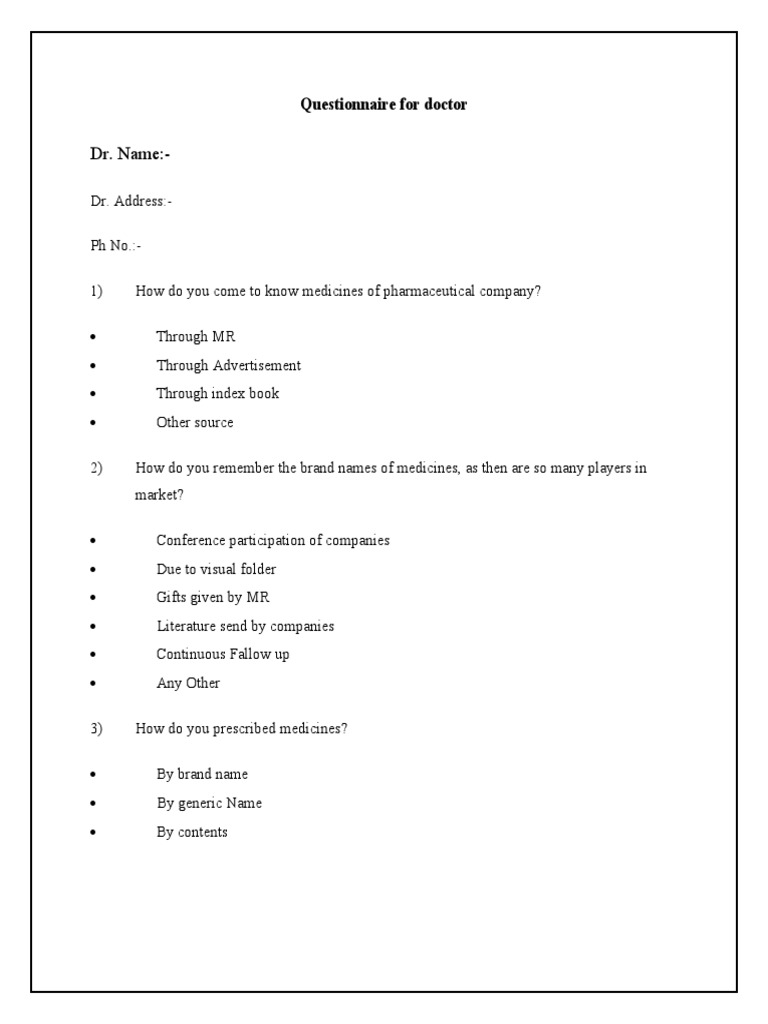 Doctor and Chemist Medicine Questionnaire | PDF