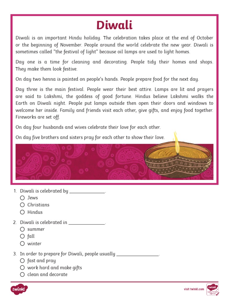 Diwali Reading Passage Comprehension Activity | PDF