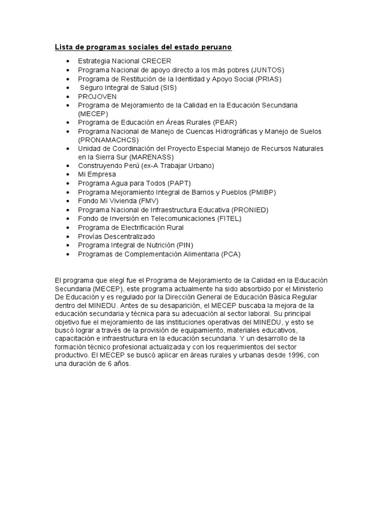 Programas Sociales del Estado Peruano | PDF | Ciencias sociales