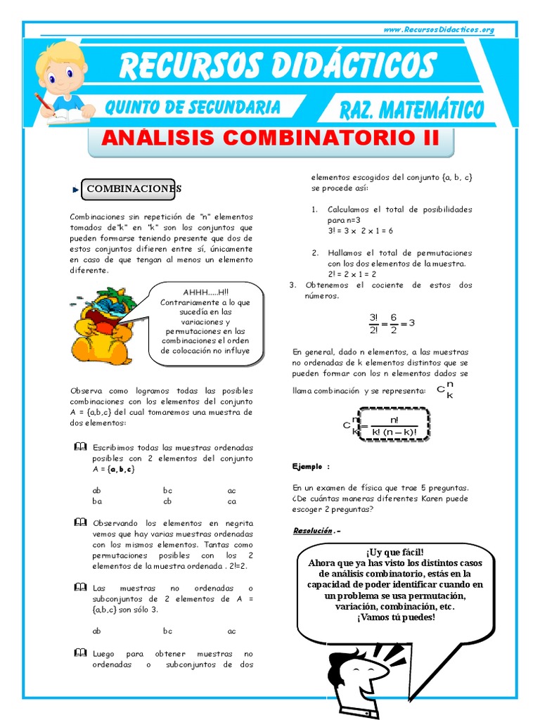 Ejercicios de Combinaciones para Quinto de Secundaria | PDF | Combinatoria | Permutación