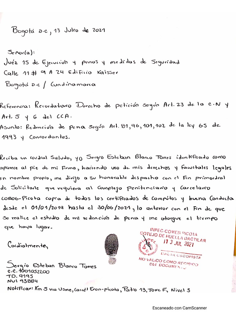 Derecho de Petición Redención de Pena Sergio Esteban Blanco Torres | PDF Derecho de Petición Redención de Pena Sergio Esteban Blanco Torres | PDF