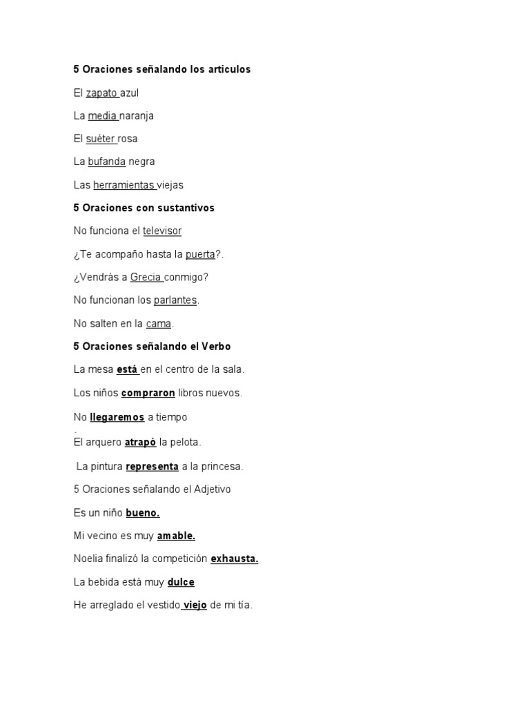 5 Oraciones Señalando Los Articulos, Adjetivos, Verbos Sustantivos | PDF