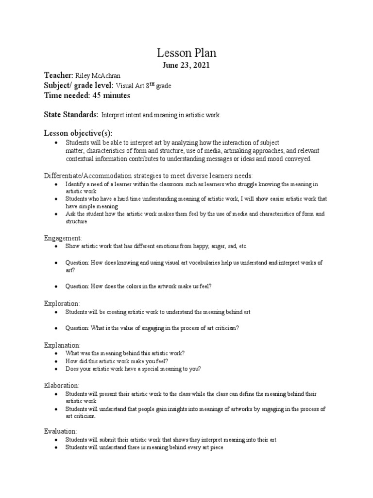 Lesson Plan: June 23, 2021 Teacher: Subject/ Grade Level: Time Needed ...