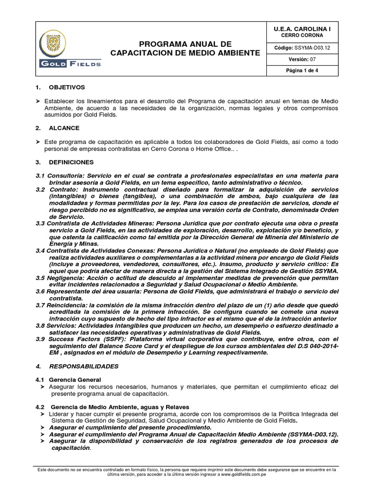 SSYMA-D03.12 Programa Anual de Capacitación de Medio Ambiente V7 | PDF | Minería | Seguridad y ...