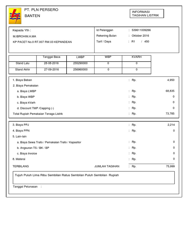 Contoh Tagihan Listrik PLN Oktober 2016 | PDF