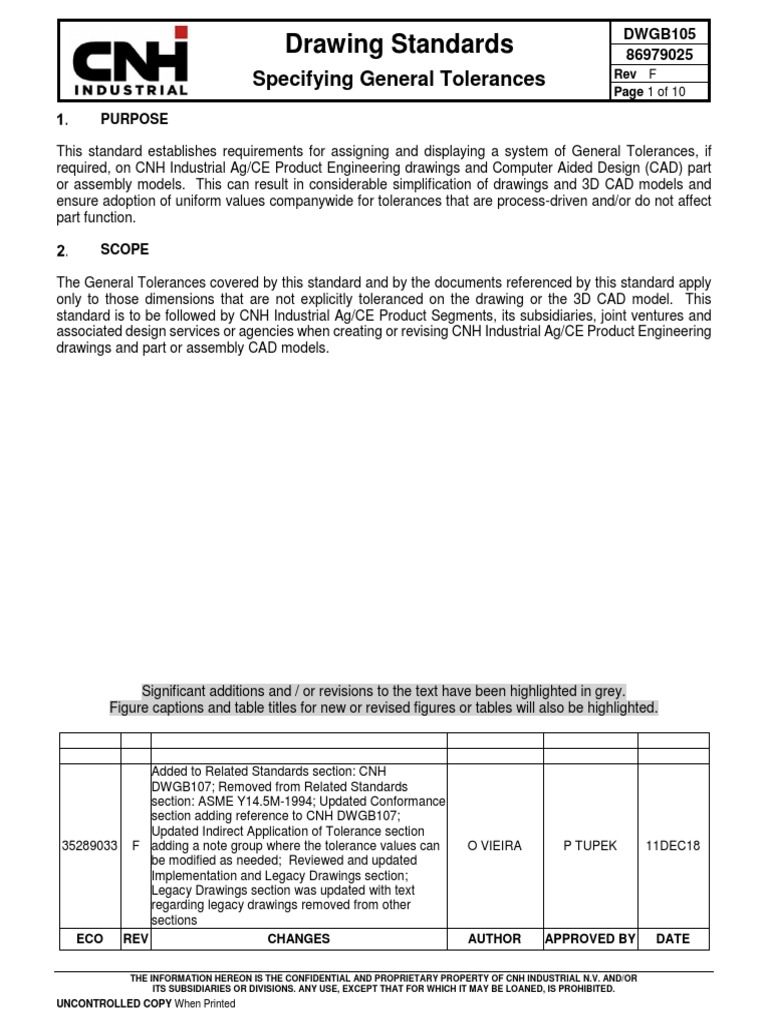 CNH Spec DWGB105 - Specifying General Tolerances | PDF | Engineering ...