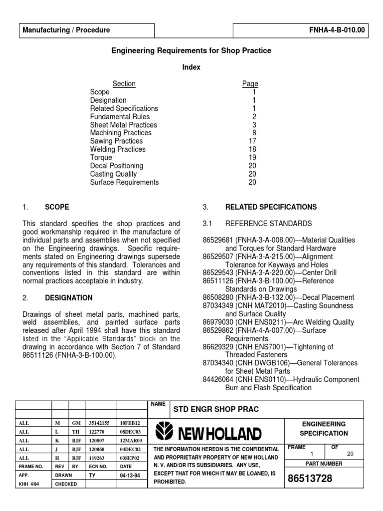 CNH Spec FNHA-4-B-010.00 - Eng Requ For Shop Practice | PDF | Machining ...