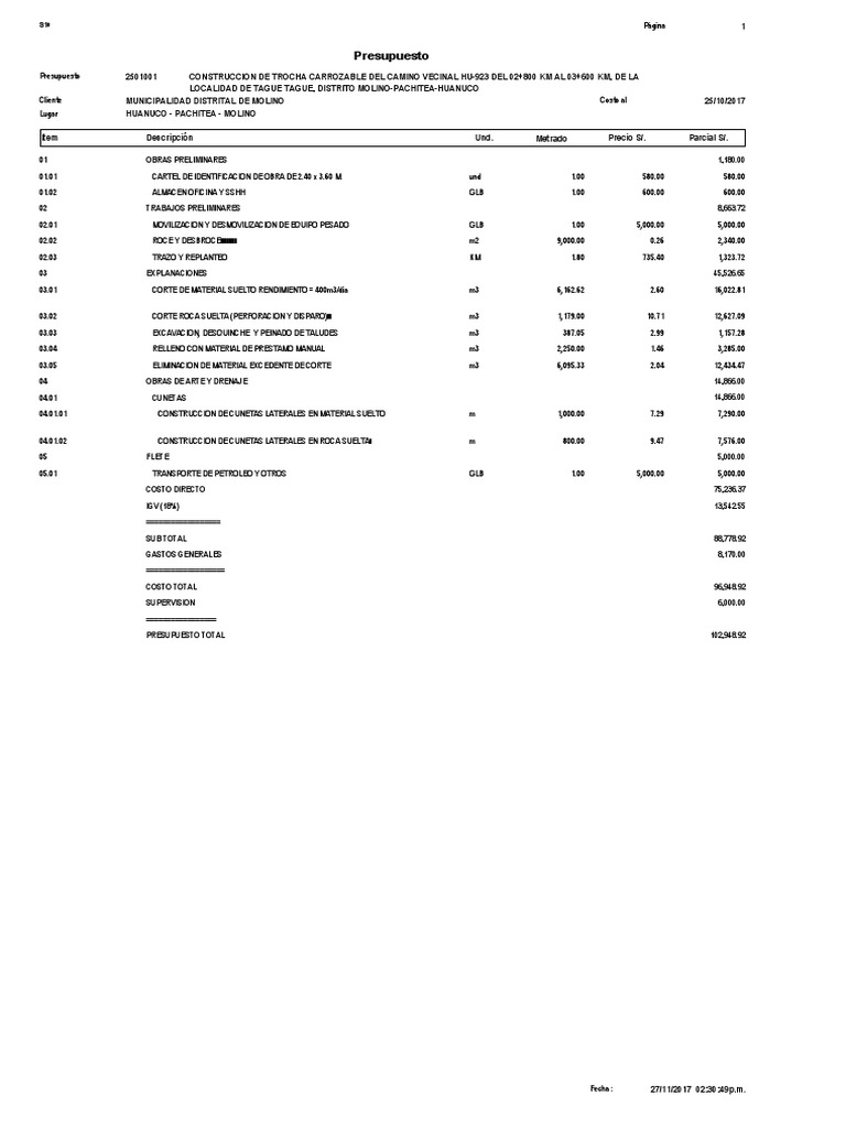 Presupuesto Trocha Carrozable | PDF